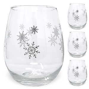 Snowflake Winter Wine Glass Set - Set of 4 Stemless Glasses with Silver Snowflake Designs - 20 oz