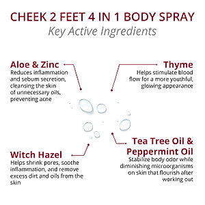 Visha Skincare Cheek 2 Feet 4 in 1 Body Spray for Men and Women, Decreases Bumpy Skin and Shave Bumps, Blemishes and Sweat Rashes, Aluminum Free Deodorizing Mist for Daily Use and After Workout 4fl oz