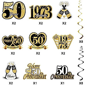 50th Anniversary Hanging Swirls Decorations, Black Gold Happy 50th Wedding Anniversary Married in 1973 Foil Swirl Party Supplies, Cheers to 50 Years Anniversary Ceiling Hanging Decor