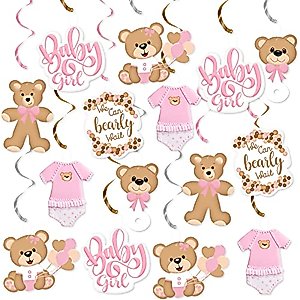 20Pcs Pink Bear Baby Shower Hanging Swirls Decorations, We Can Bearly Wait Kids Bear Themed Foil Ceiling Swirls for It's A Girl Gender Reveal Photo Prop Hanging Decor Streamers Birthday Party Supplies