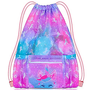 PASHOP Drawstring Backpack for Kids, Girls Mesh Beach Bag for Swimming, Large Size Gym Drawstring Bags Cinch Sack for Girls (Unicorn)