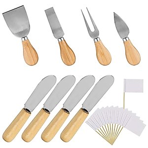 DaKuan Wood Handle Cheese Knives Spreaders Set with Blank Toothpick Flags, 10 Pieces Cheese Slicer Cheese Cutter Condiment Knives Set and 100 Pieces White Flags Labeling Cheese Markers