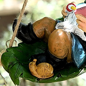 ASAMASA Funny Garden Gnomes Outdoor Hanging Statue, Fairy Garden Swinging Leaf Hammock Gnome Figurine for Lawn Patio Yard Tree Decorations,Adorable Relaxed Gnome