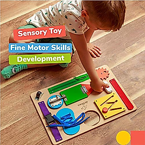 deMoca Busy Board for Toddlers, Montessori Toy for 3 Year Old with 10 Educational Toddler Activities to Develop Fine Motor Skills, Learning Wooden Travel Toy for Plane and Car Journey