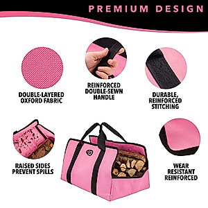 Firewood Tote Bag - Oxford Fabric Log Carrier with Handles & Heavy Duty Straps - Large Durable Wood Holder with Wide Opening - Wood Stove & Fireplace Accessories - 21 x 13 x 12 Inch, Pink