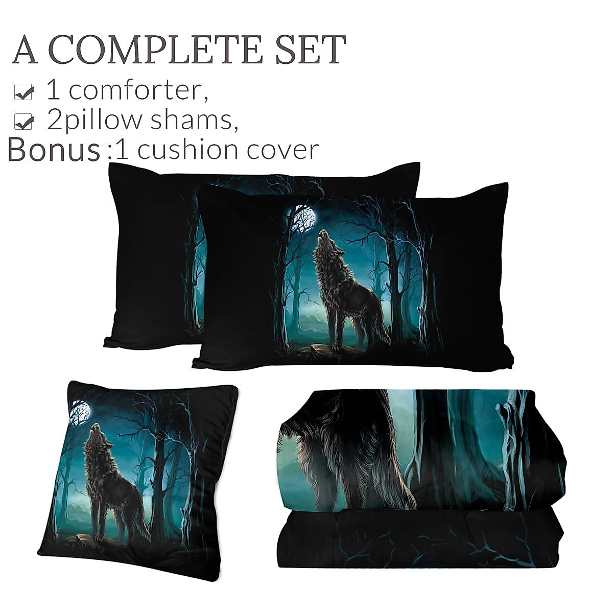 Dream Catcher by JoJoesArt Wolf Moon Comforter Set Full Size Bedding with Wolves 4 Pieces Galaxy Wolf Bed Set for Kids Boys Soft Lunar Eclipse Bedspreads with 2 Pillow Shams 1 Cushion Cover (Full)