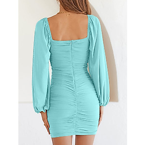 ANRABESS Women Long Sleeve Square Neck Mesh Ruched Bodycon Mini Dress Party Club Cocktail Formal Wedding Guest Short Dresses Blue Large