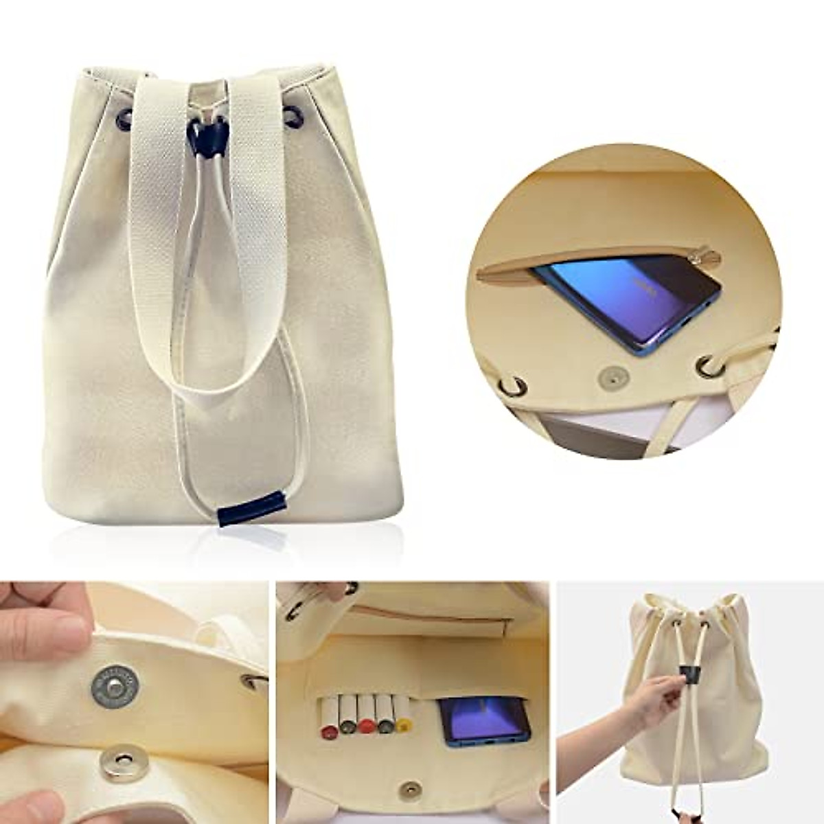 Diesisa Canvas Tote Bag with Drawstring & Inner Zipper Pocket, Cute Tote bags for Women, Shoulder Bag/Messenger Bag/School Totes for college