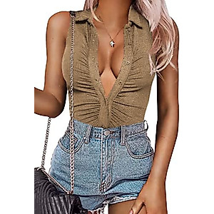 Women's Henley Shirt Sexy V Neck Button Down Ribbed Sleeveless Bodysuits Collared Leotard Tops