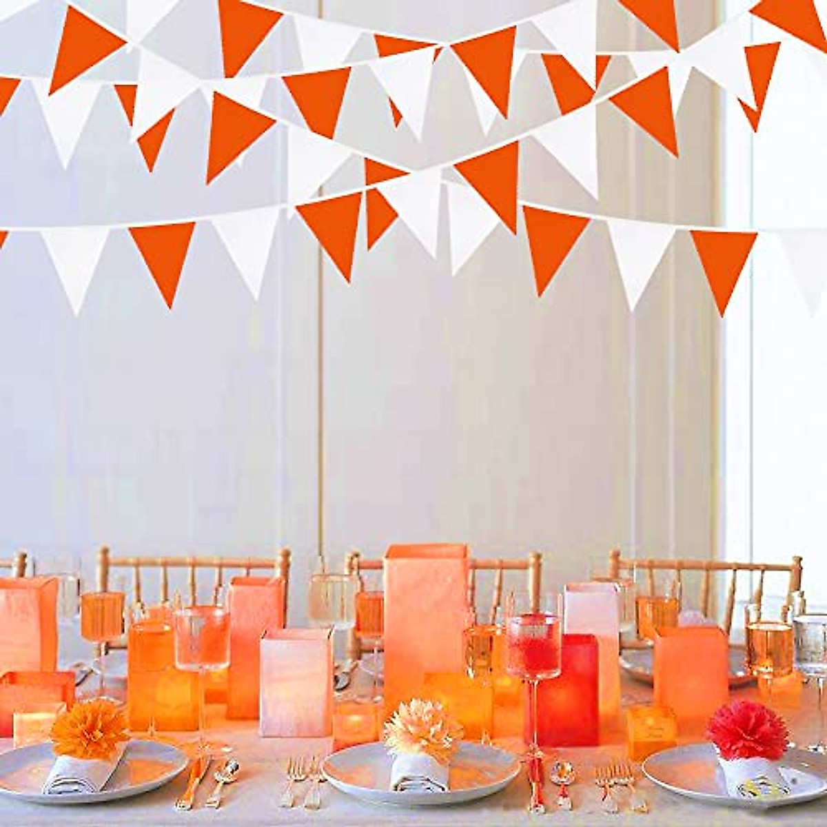 32Ft Orange White Triangle Flag Fabric Banner Pennant Garland Bunting Streamers for Fall Decor Autumn Wedding Birthday Party Thanksgiving Day Graduation Home Nursery Outdoor Garden Hanging Decoration