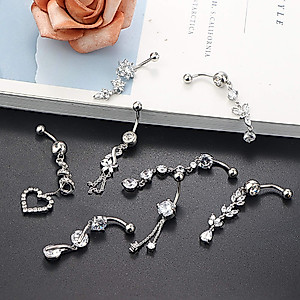FUNRUN JEWELRY 8PCS 14 G Stainless Steel Dangle Belly Button Ring Navel Piercing Clear CZ Inlay Body Piercing Jewelry Barbell Silver Tone
