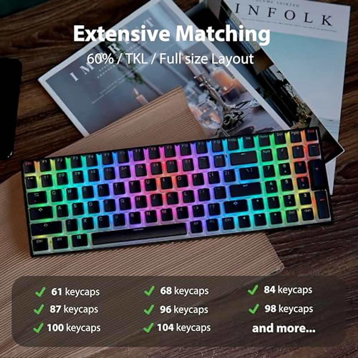 RK ROYAL KLUDGE 112 Double Shot PBT Pudding Keycaps, OEM Profile ANSI ISO Layout Keycap Set with Translucent Layer for Mechanical Keyboard, Black