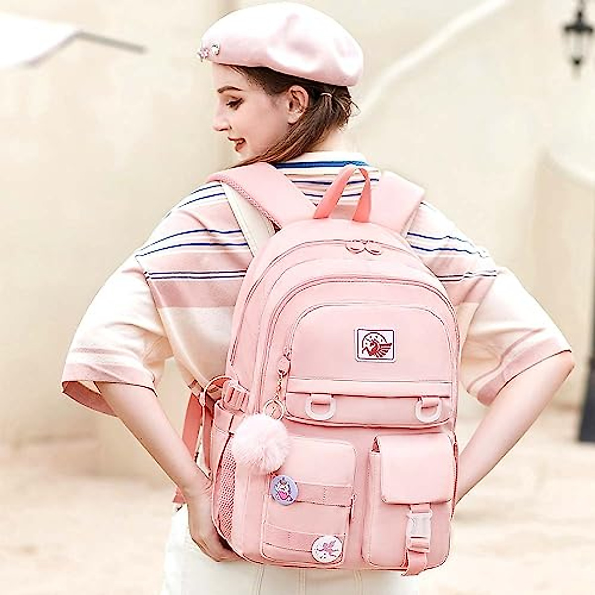 CCJPX Girls Backpack, 16 inch Elementary School Laptop Bag College Bookbag, Anti Theft Daypack for Teens Students Women - Pink