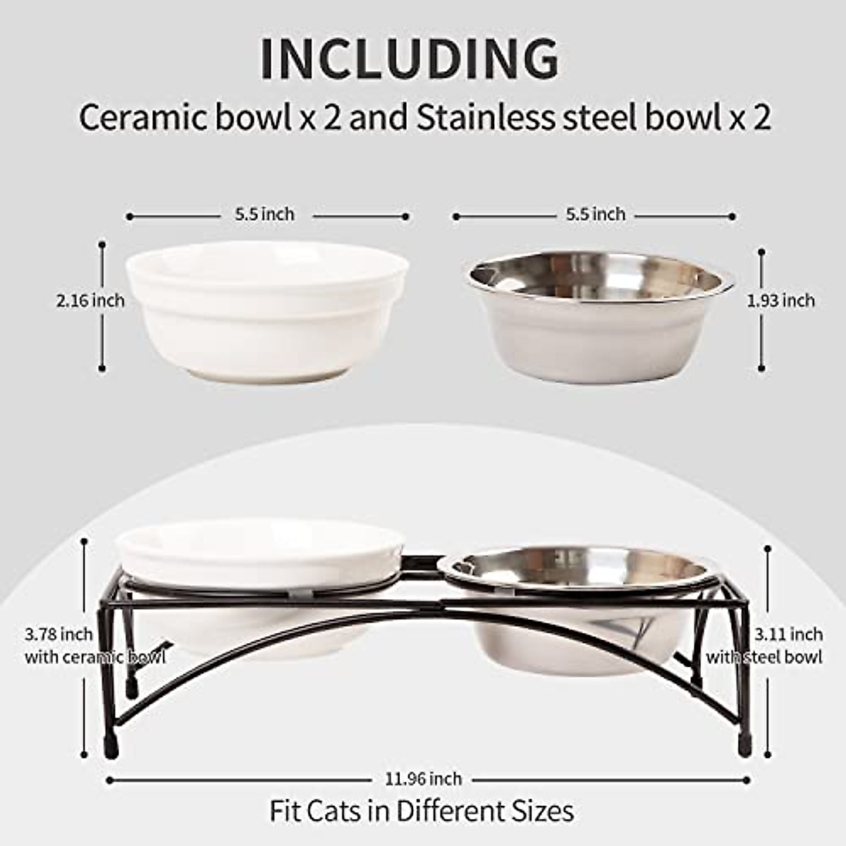 FOREYY Elevated Cat Bowls with 2 Ceramic Bowls and 2 Stainless Steel Bowls,Raised Cat Food Water Bowl with Iron Stand,Porcelain Pet Dishes for Cats and Small Dogs,16 Ounces,Dishwasher Safe