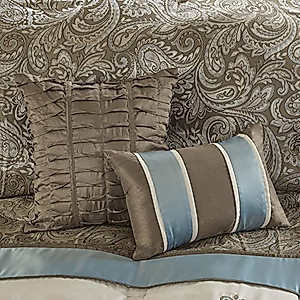 Madison Park Comforter Faux Silk-Traditional Luxurious Jacquard Design All Season Set, Matching Bed Skirt, Decorative Pillows, King(104"x92"), Blue 7 Piece
