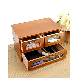 QWORK Wooden Box Organizer, Wood Desktop Storage Cabinet with 3 Drawers, Dark Brown