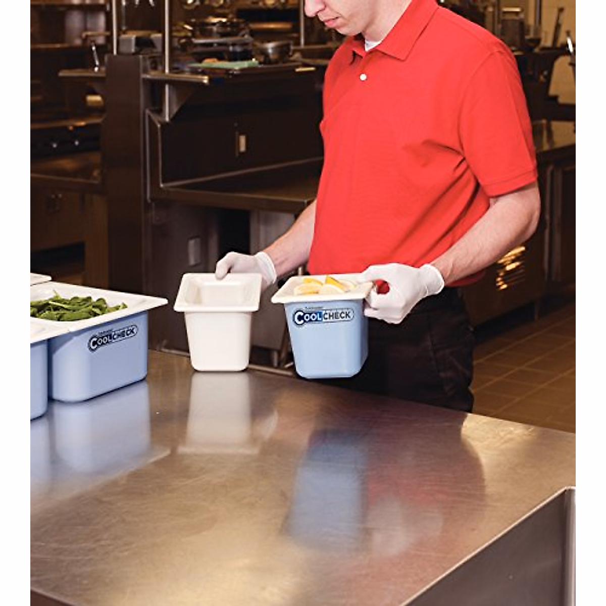 Carlisle FoodService Products CM1104C1402 Coldmaster CoolCheck 6" Deep Sixth-Size Insulated Cold Food Pan, 1.6 Quart, Color Changing, White and Blue