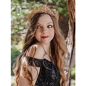 MOSTORY Handmade Gold Woodland Crown - Elf Flower Headband Fairy Headpiece Gothic Forest Tiara for Renfaire Halloween Wedding Cosplay Photoshoot