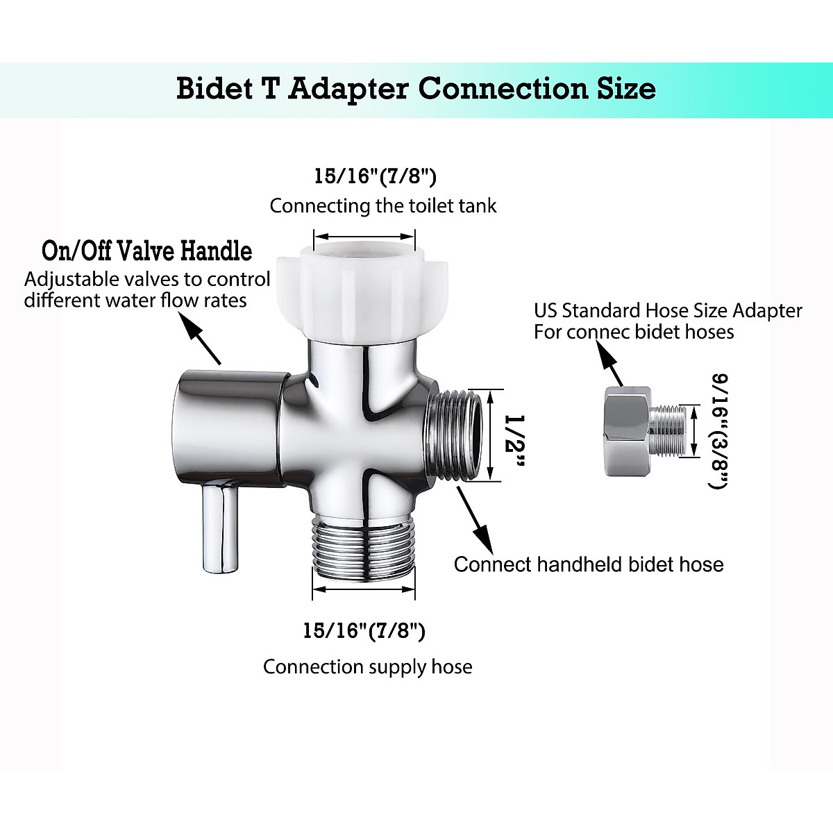 Walkinginrain Bidet T Adapter With Shut off Valve,3 Way T Valve for Bidet, Brass T Adapter for Handheld Toilet, 7/8"×7/8"×1/2" or 3/8"