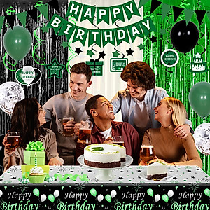 Green and Black Party Decorations for Men Women, Green Birthday Decorations for Boys Girls, 63pcs Happy Bday Party Supplies with Tablecloth Foil Fringe Curtains Balloons Hanging Swirls Decor
