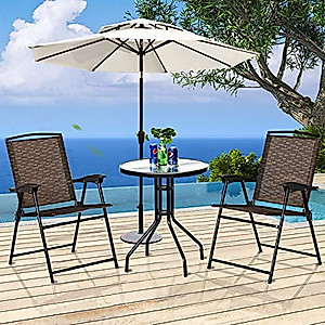 Goplus Patio Bistro Set, 3-Piece Patio Dining Furniture Set with Round Tempered Glass Table, 2 Foldable Chairs, Small Outdoor Folding Chairs & Table Set for Porch Garden Pool Yard