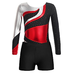 LiiYii Girls Tank Ballet Unitard Long Sleeve Camisole Gymnastics Leotards Dance Wear Biketards with Shorts Red 8 Years