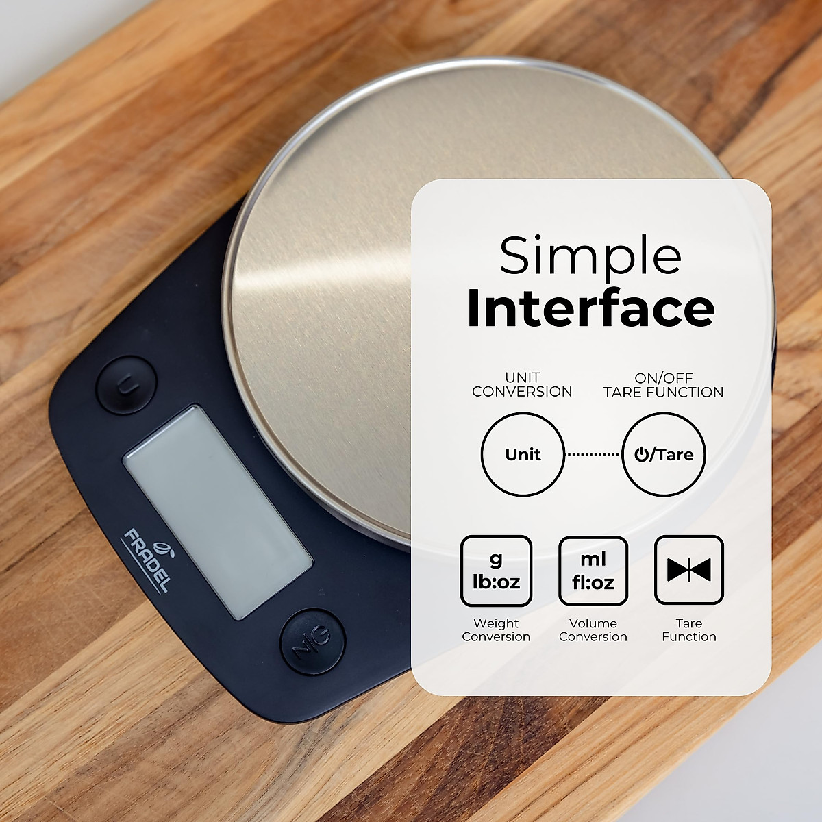 Fradel 0.1g Digital Kitchen Food Scale - Precision Food Scale for Cooking, Baking, Weight Loss - in Grams & Ounces - A Kitchen Must Have - Stainless Steel Plate, Waterproof, 11lb Capacity - Round