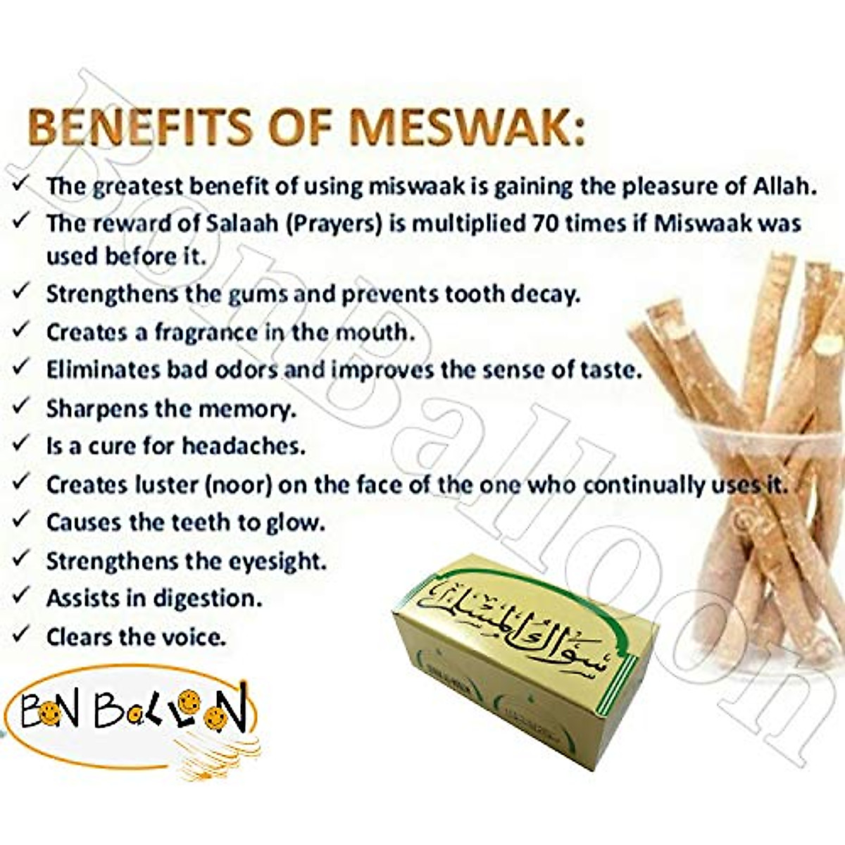 bonballoon Sewak Siwak Meswak Miswak Sticks Stick Al Muslim Natural Herbal Toothbrush Vacuum Sealed Arak Peelu Natural Flavored Brush Tooth Toothbrush 100% Organic (Three (3) Toothstick)