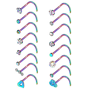 Oyaface 20g(0.8mm) 16PCS Stainless Steel Stud Nose Ring Screw Body Piercings for Women Men (Screw - Rainbow)