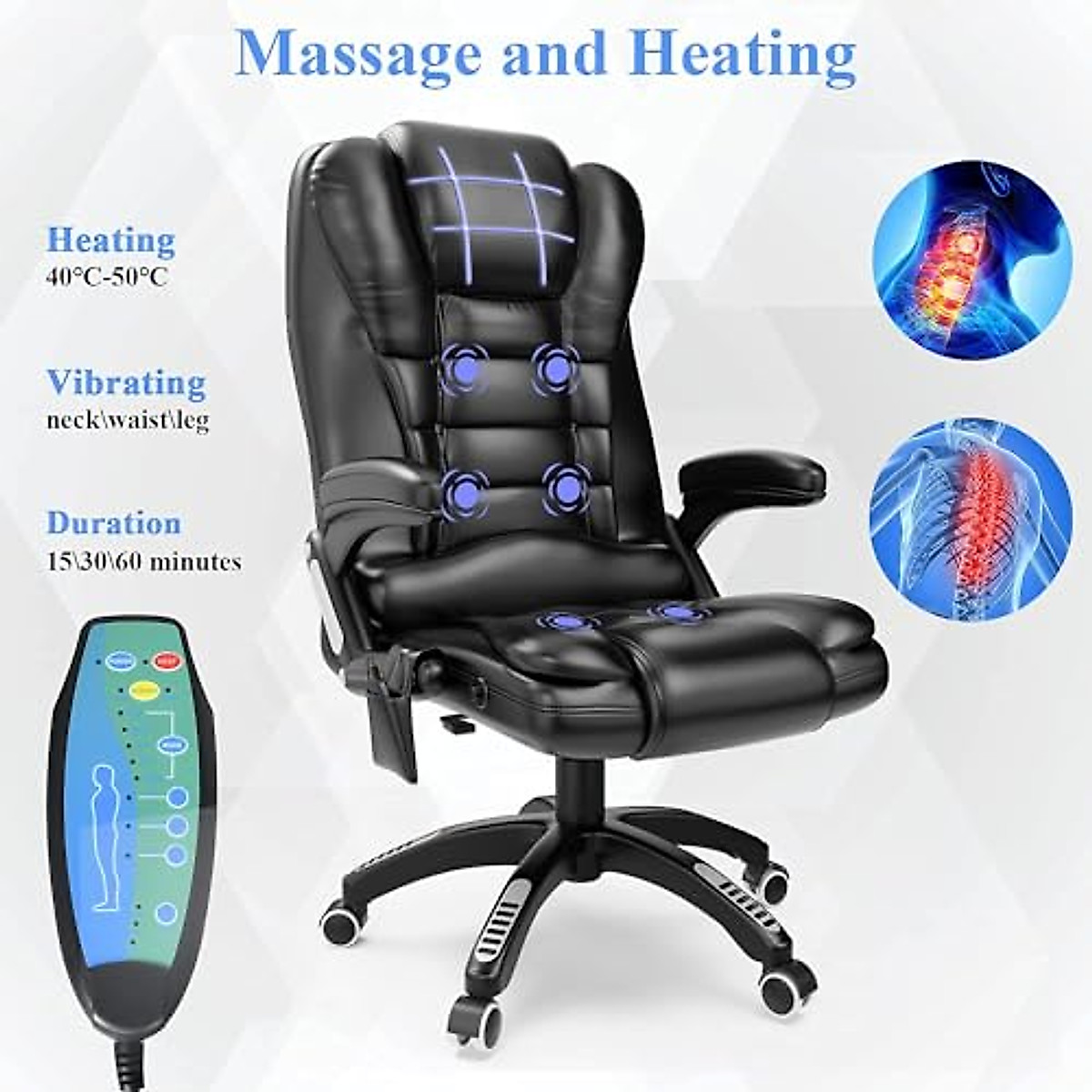 Leather Executive Massage Office Chair with 6 Pointed Vibrating, Heated Ergonomic Home Office Gaming Chair with Adjustable Height and Wheels, Big and Tall Office Chair for Adults, Black