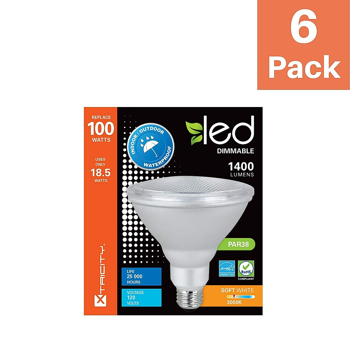 Xtricity PAR38 LED Flood Light Bulb18.5W (100W Equivalent), Waterproof, 1400 Lumens, 3000k Soft White, 120V, Indoor/Outdoor, Energy Star Certified, UL Listed (6 Pack)