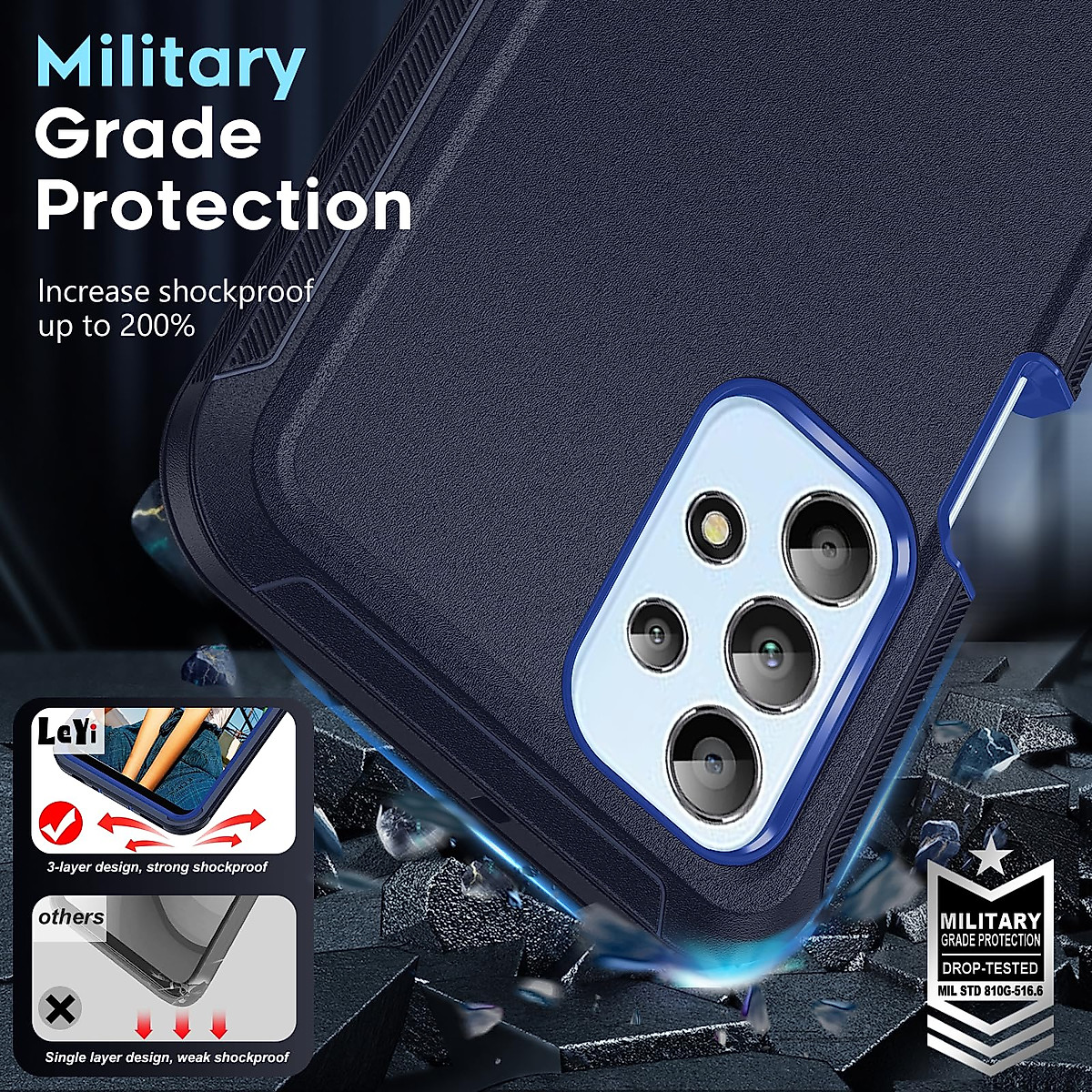 LeYi Compatible for Samsung Galaxy A23 5G Case: Samsung A23 Case [Not Fit A23 5G UW Verizon] with 2 PCS Tempered Glass Screen Protectors, 3 in 1 Full Body Shockproof Rubber Dustproof Rugged Case, Blue