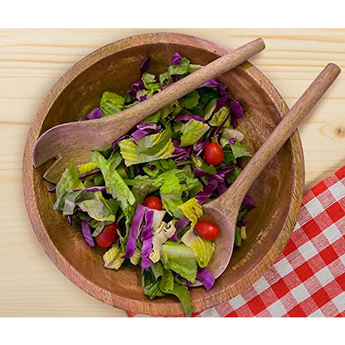 Fairwood Way Wooden Salad Bowl Set with Serving Utensils - Rustic Mango Wood Bowl with Servers - 11.5 Inch Natural Wood Bowl and Servers
