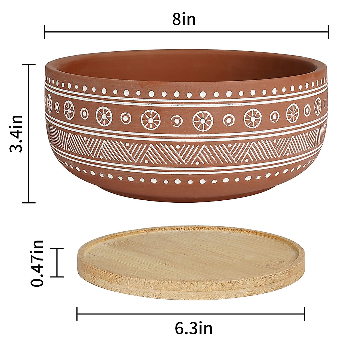 Thirtypot 8 Inch Terracotta Succulent Planter Pot with Drainage Hole and Bamboo Tray, Round Shallow Bonsai Pot for Indoor Plants