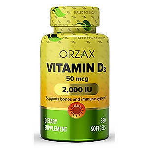 ORZAX Vitamin D3 2000 iu Softgels, 360 Days Supply, Supports Immune System & Bone Healths, Mood Booster D3 Vitamin, Gluten-Free, 50 mcg, 360 Mini Softgel