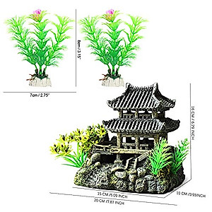 Classical Temple Aquarium Decorations Asian Castle Thematic Safe Resin Ornaments with Plastic Plants Small Fish House Hideout Decor Hiding Places for Freshwater and Saltwater Fish Tank Accessories