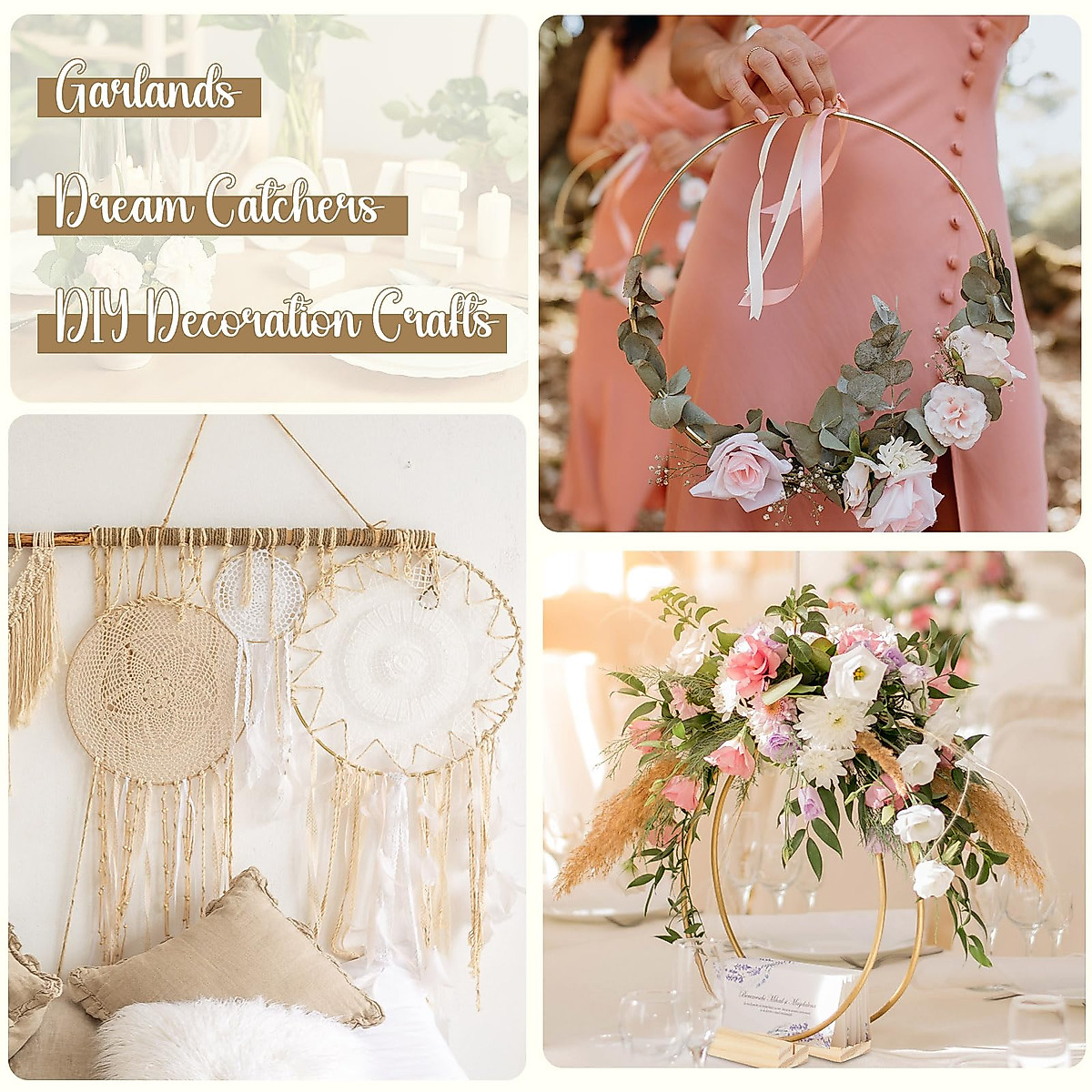 BOUBONI 6 Pcs 12 Inch Metal Floral Hoop Centerpiece with 6 Pcs Wooden Stand for Table Metal Wreath Ring Stand for Centerpiece Table Decorations Wedding Decor Wall Hanging Crafts