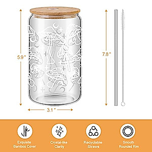 Lvoetgif Mushroom Iced Coffee Glasses with Bamboo Lids and Straw, Cute Mushroom Drinking Beer Can Shaped Cup, Aesthetic Birthday Gifts for Mushroom Lovers Women Mom Best friend wife
