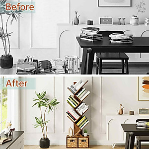 Vagusicc Tree Bookshelf, 6 Tier Bookshelf with Storage, Tall Narrow Bookcase, Rustic Wood Book Storage Rack for CDs/Books, Small Book Organizer Shelves for Bedroom, Living Room, Home Office, Brown