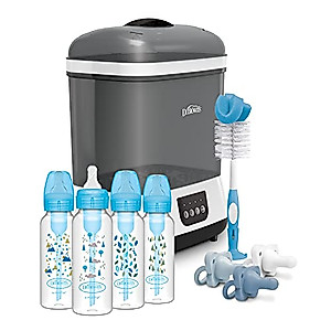 Dr. Brown’s Anti-Colic Options+ Baby Bottles 8 oz, Level 1 Nipple, 4 Pack, Blue Nature, 0m+ with Sterilizer, Bottle Brush, and HappyPaci Pacifier 0-6m, Blue Gift Set