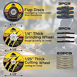 PRETEC 26 Packs Angle Grinder Cutting Flap Grinding Disc Wheel 4 1/2in Inches - 20 Packs 4.5"x1/4"x7/8" Cut Off Wheels,3 Packs 4.5"x7/8" 60 Grit Flap Discs, 3 Packs 4.5"x1/25"x7/8" Grinding Wheels