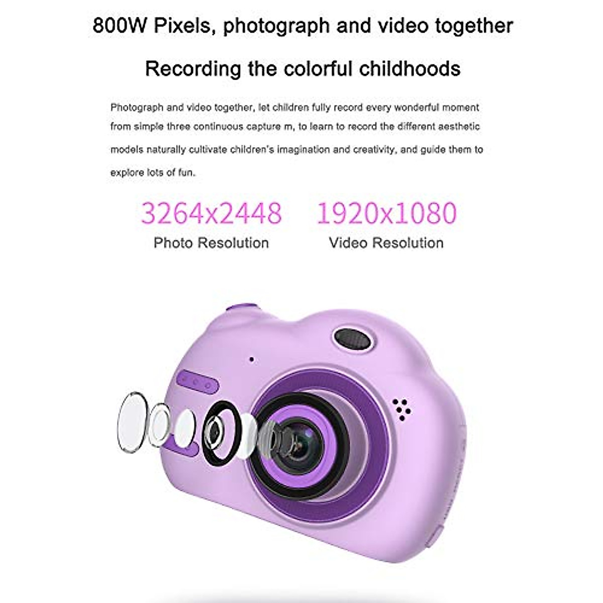 Mini Digital Camera Child Camera Toy Cartoon Video Recorder Can Shoot Camera 1080P 8MP Camera,Purple,16GB