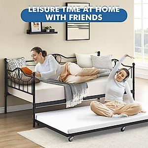 IDEALHOUSE Twin Bed with Trundle, Twin Daybed Metal Guest Sofa Bed Frame for Living Room, Bedroom, Heavy Duty, No Box Spring Needed, Space Saving, Black