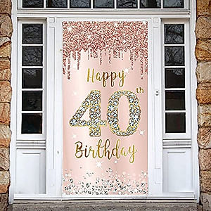 40th Birthday Door Banner Decorations for Women, Pink Rose Gold Happy 40th Birthday Door Cover Party Supplies, Large Forty Year Old Birthday Poster Backdrop Sign Decor