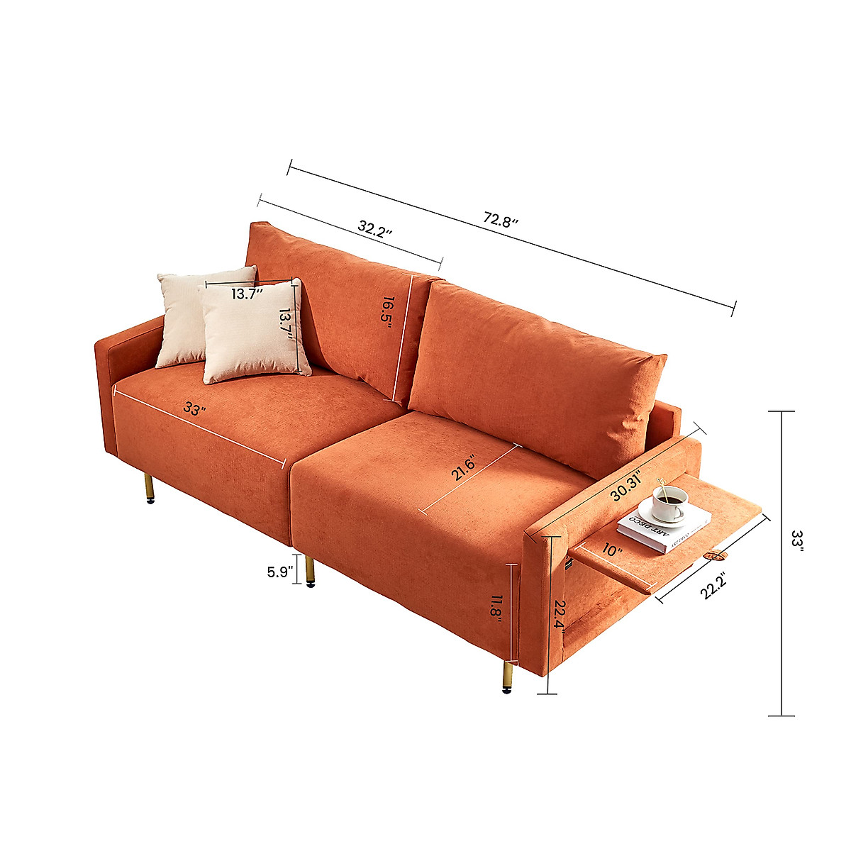 VASOENY 72.8 Inch Loveseat Sofa Couch, Mid Century Modern Linen Fabric Love Seats Sofa, 2 Seater Couches for Bedroon, Living Room, Apartment, Home Office(Orange)