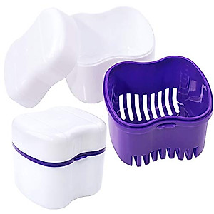 Denture Case,Denture Cups Bath, Toothbrush with hard denture, Dentures Container with Basket Denture Holder for Travel,Mouth Guard Night Gum Retainer Container (Purple)