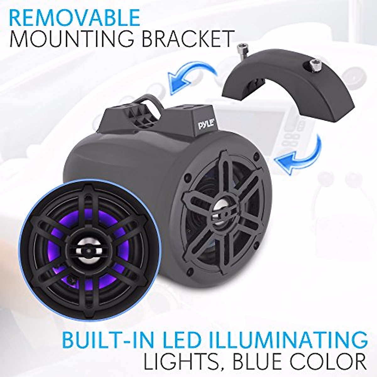 Pyle Waterproof Marine Wakeboard Tower Speakers - 4 Inch Dual Subwoofer Speaker Set w/LED Lights & Bluetooth for Wireless Music Streaming - Boat Audio System w/Mounting Clamps PLMRLEWB47BB