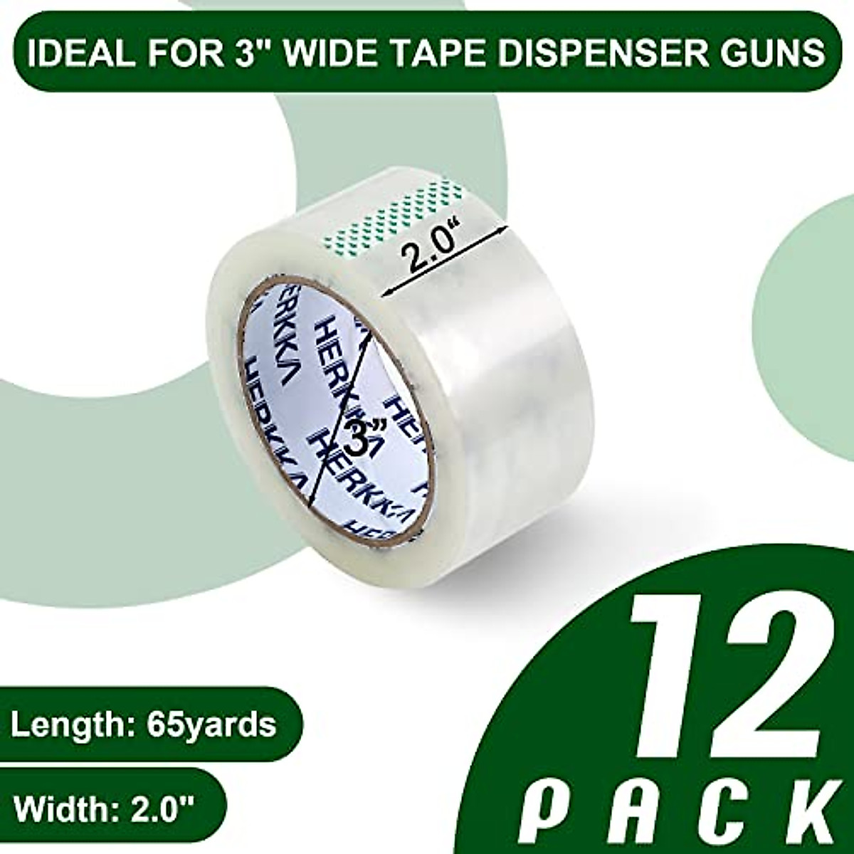 HERKKA Clear Packing Tape, 12 Rolls Heavy Duty Packaging Tape for Shipping Packaging Moving Sealing, Thicker Clear Packing Tape, 2 inches Wide, 65 Yards Per Roll, 780 Total Yards