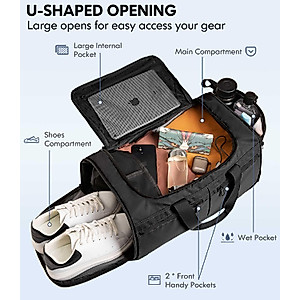 Gym Bag for Men Women, Foldable Travel Duffel Bags with Shoe Compartment & Wet Pocket, Lightweight Weekender Overnight Duffle Bag, Water Resistant Workout Sports Bag, Black