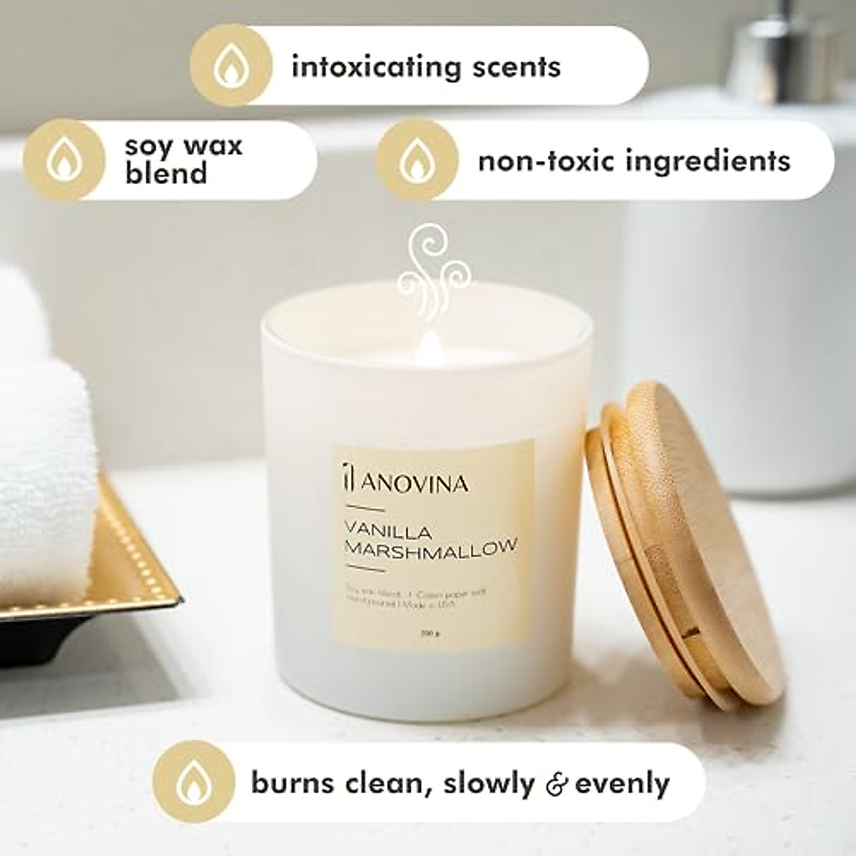 Anovina Vanilla Scented Candle – Hand-Poured in USA, Bamboo Lid & Elegant Gift Box. Candles for Home & Scented Candle Gifts for Someone You Love – A Perfect Valentine's Gift!